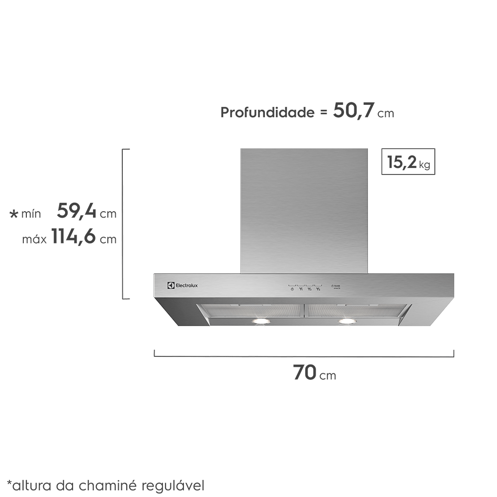 Coifa de Parede Silver 70cm com painel soft touch - Electrolux